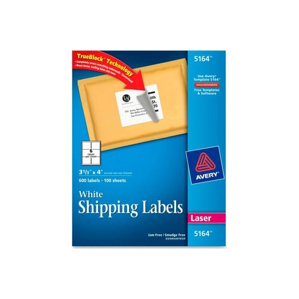 Avery Shipping Labels with TrueBlock Technology, 3-1/3 x 4, White, 600 Labels 5164 | Zoro